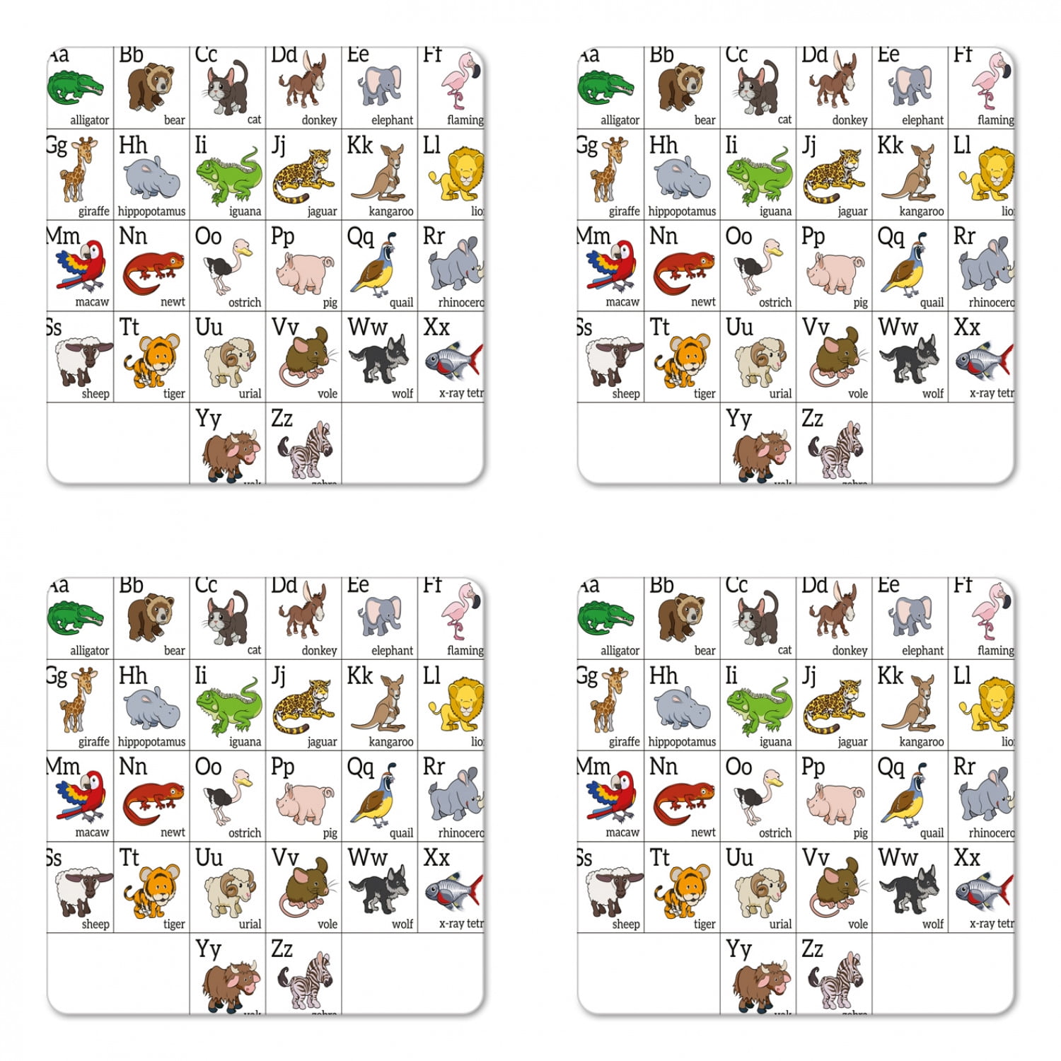 Educational Coaster Set of 4, Alphabet Learning Chart Cartoon Animals ...