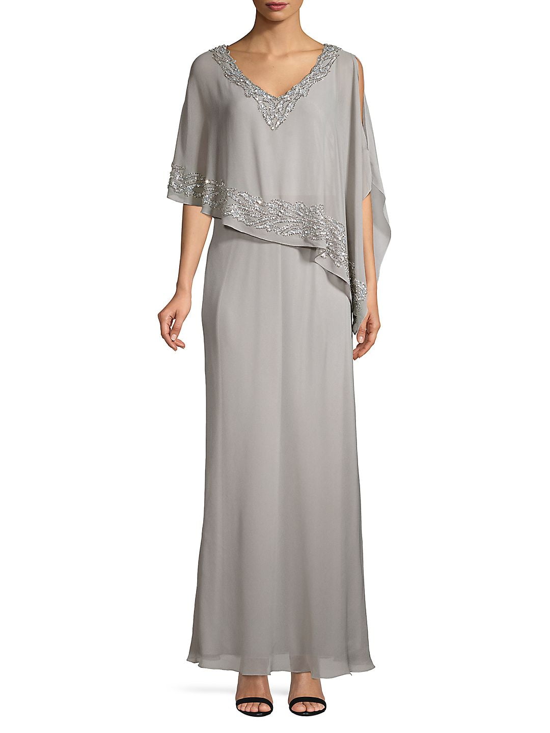 J Kara - JKARA Womens Silver Sequined 3/4 Sleeve V Neck Maxi Sheath ...