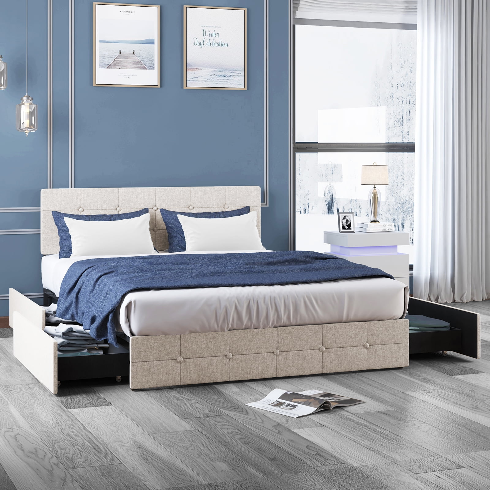 Mjkone Platform Bed Frame with 4 Storage Drawers, Upholstered Bed Frame ...