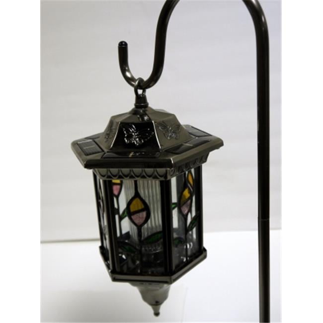Homebrite Metal Solar Lantern Stained Glass Garden Light Antique Pewter ...