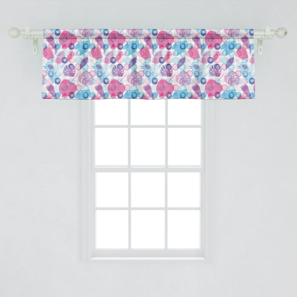Ambesonne Blue And Pink Window Valance Summer Pattern With Leaves On