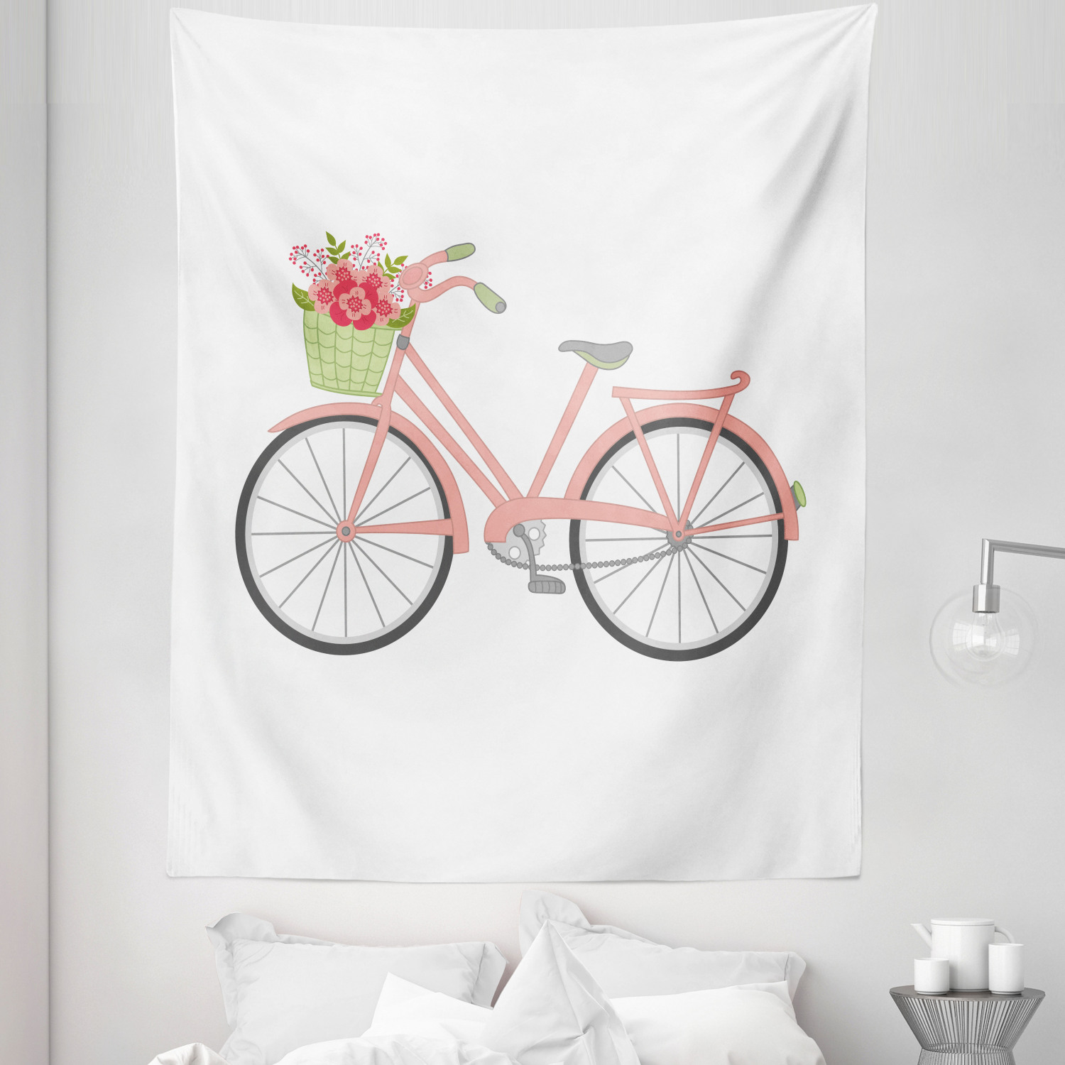 Bike Party Tapestry, Pastel Floral Ornamental Pink Bicycle Silhouette ...