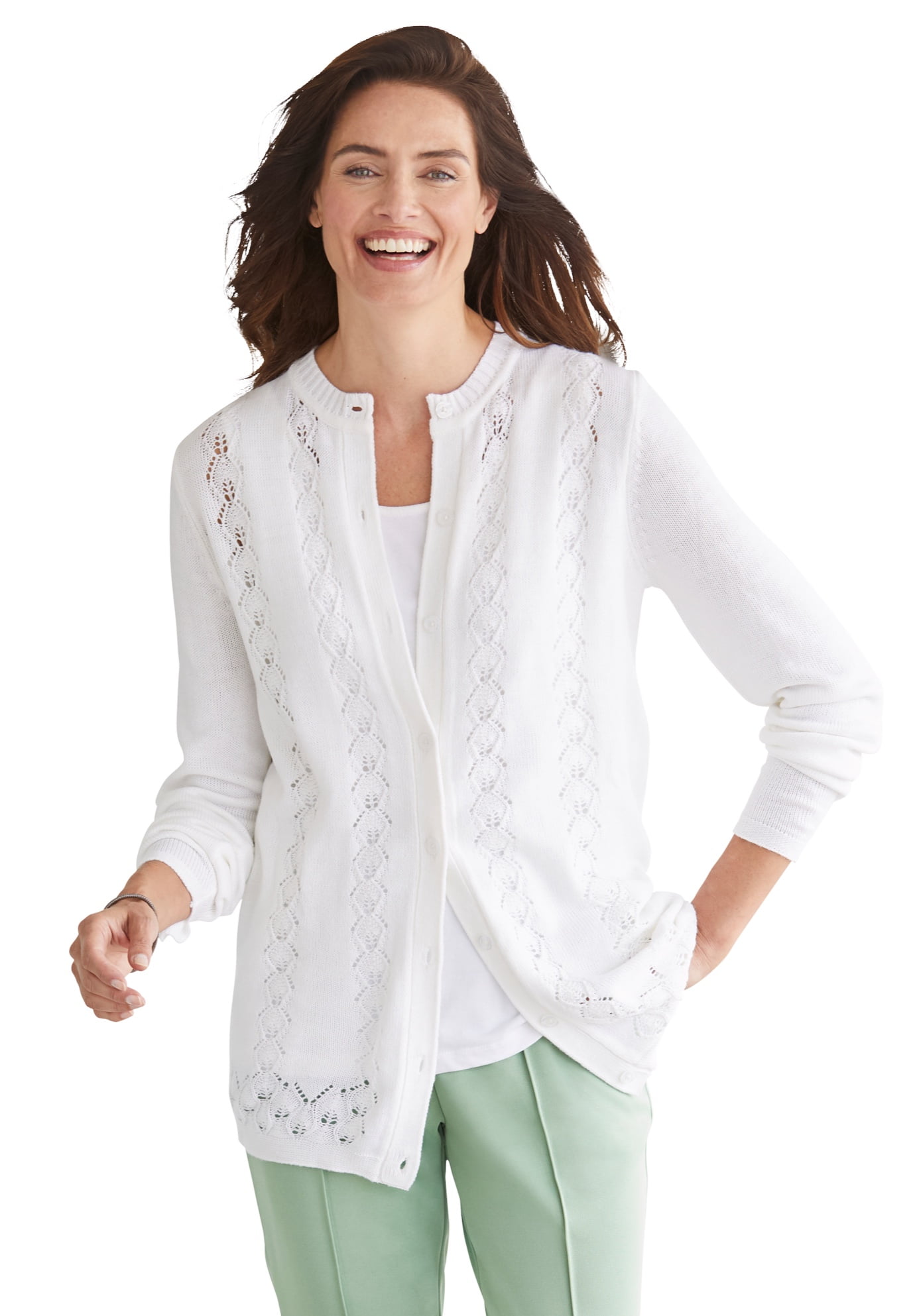 Woman Within Only Necessities Womens Plus Size Long Sleeve Pointelle Cardigan Sweater