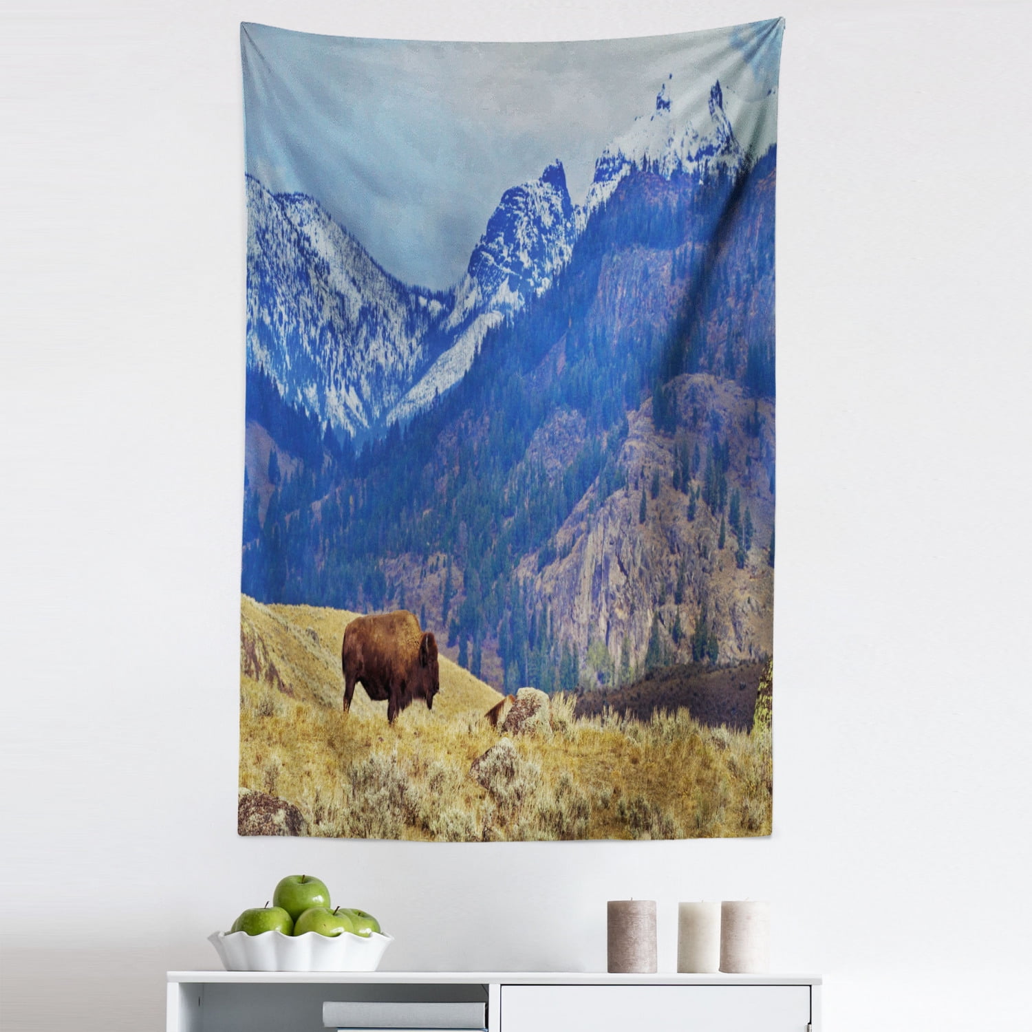 Wyoming Tapestry, Panoramic Landscape with Lonely Bison and Snowy ...