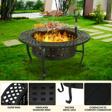 26" Fire Pit with Cooking Grill, Outdoor Wood Burning Firepit with ...