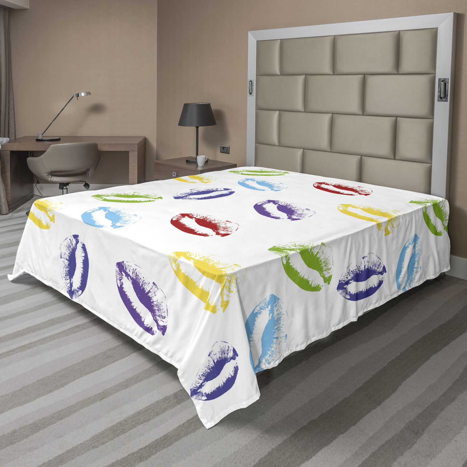 Colorful Flat Sheet, Make up Cosmetics Theme Lipstick Colored Lips ...
