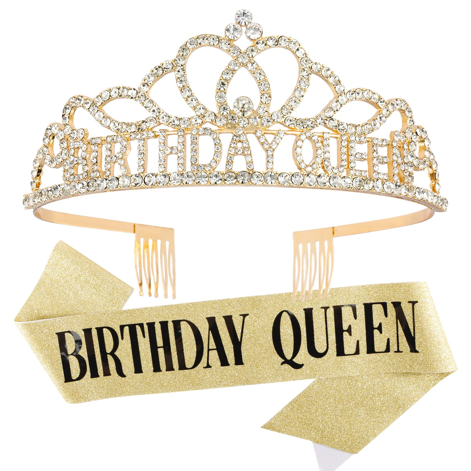 CAVETEE Gold Birthday Crowns for Women Birthday Queen Sash and Tiara ...