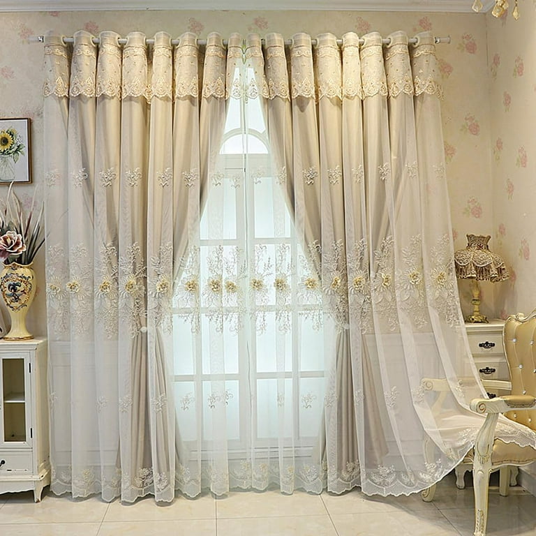 Amidoudou 1 Pair Luxury European Curtains with Valance for Living Room Bedroom Double Layer Embroidered Room Darkening Curtains Light Brown 51x96 Inch V Walmart