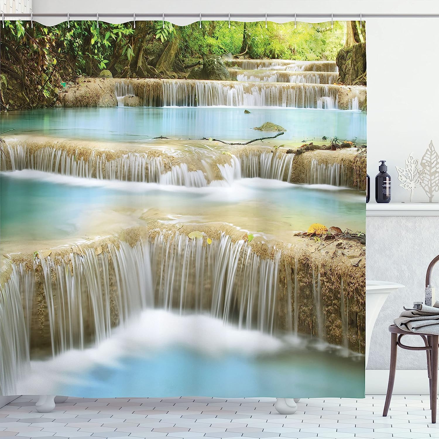 SPXUBZ Waterfall Shower Curtain, Water Falls into The Lake Through The ...