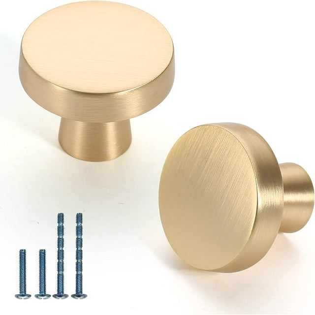 Furniware 5 Pack Brushed Brass Cabinet Knobs, Modern Dresser Knobs, Solid Round Kitchen Cabinet ...