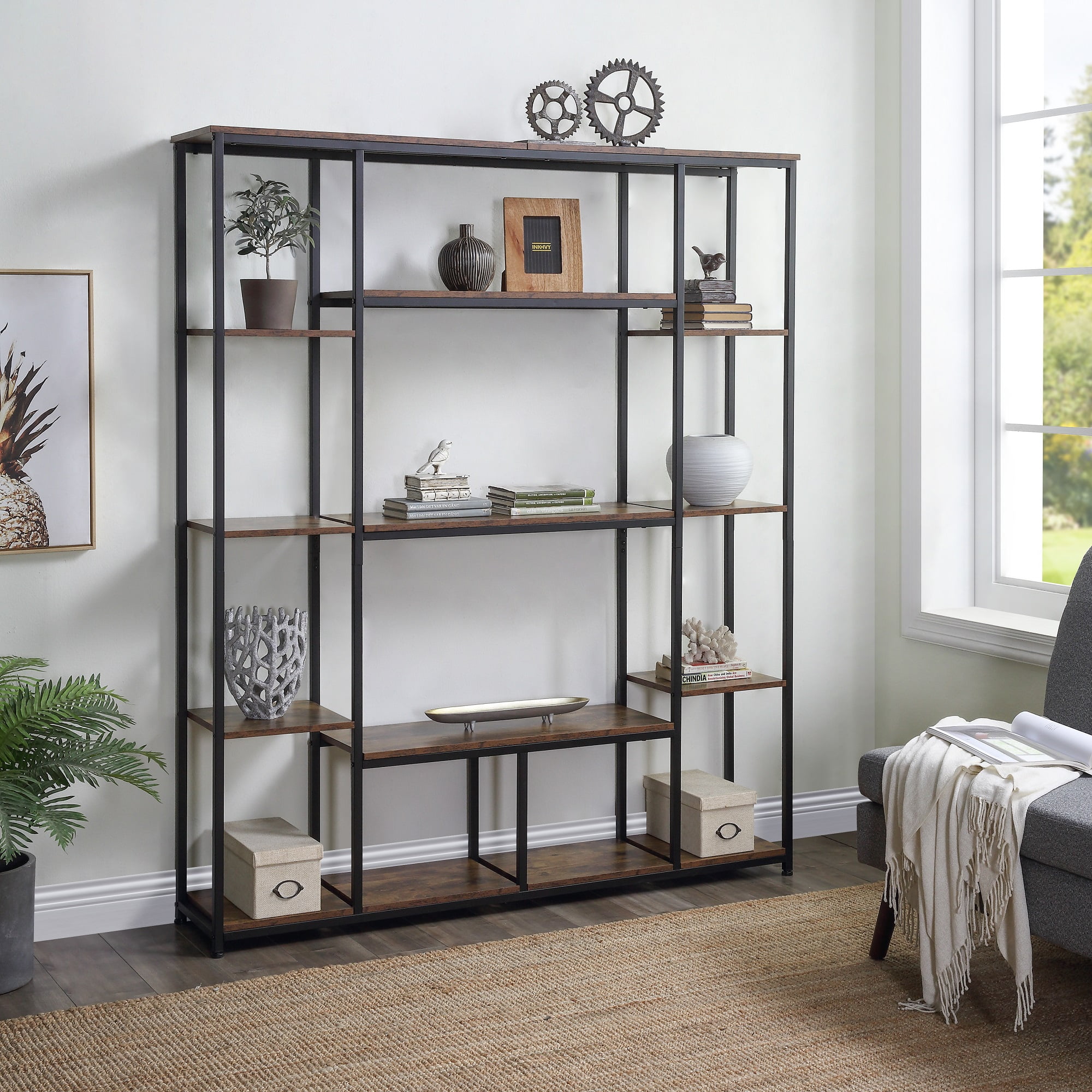 IBF Solid Wood Bookshelf, Tier Natural Real Wood Bookcase, Modern ...