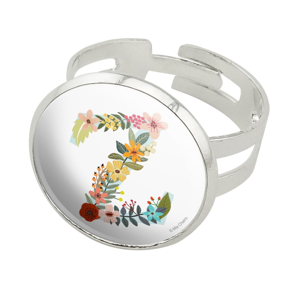 Letter Z Floral Monogram Initial Silver Plated Adjustable Novelty Ring ...