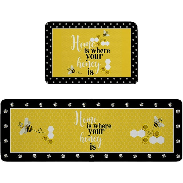 2-Piece Set: Bumble Bee Daisy Yellow Kitchen Rugs, Non-Slip, Water ...
