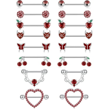 14G Quality Angels and Demons Nipple Rings Stainless Steel Red Crystal ...