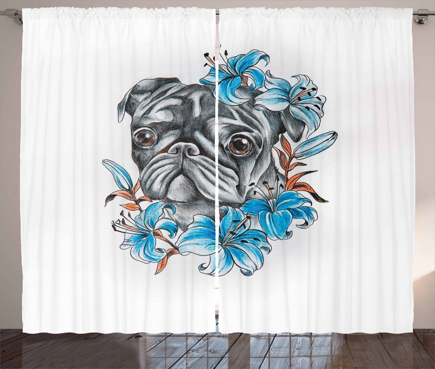 Pug Curtains 2 Panels Set, Cute Dog Face with Floral Arrangement with ...