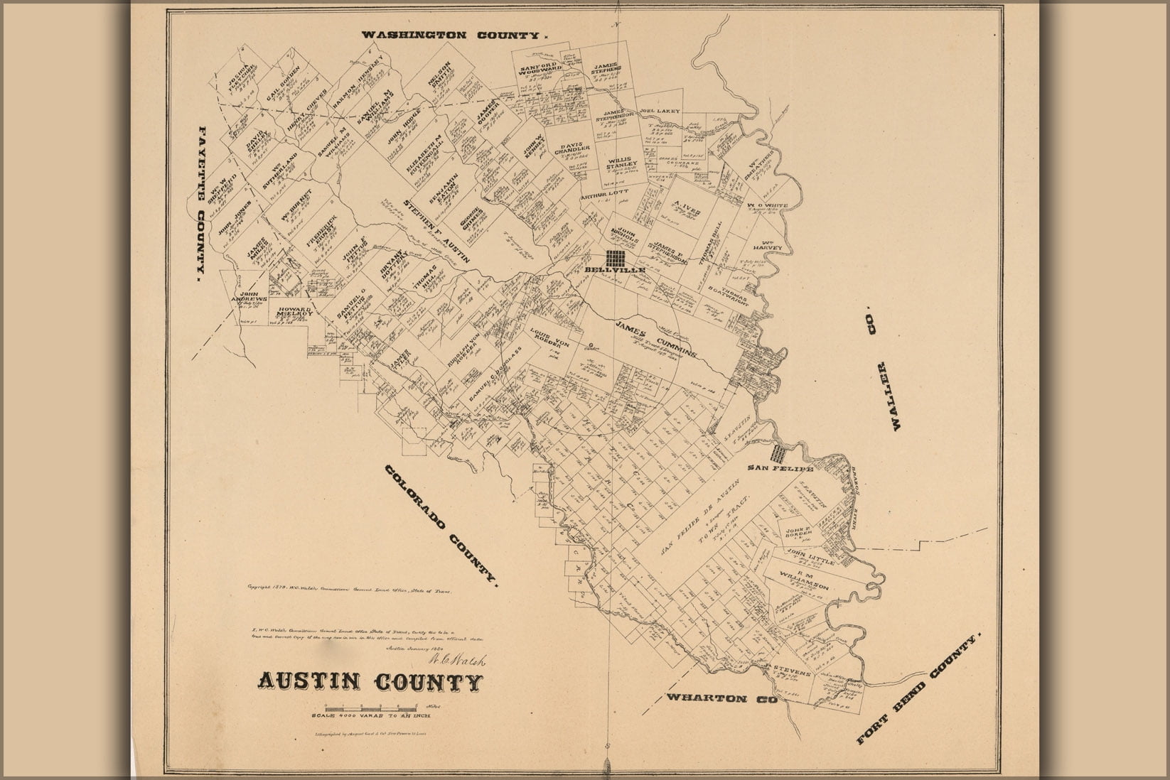 24"x36" Gallery Poster, map of austin county texas 1879 - Walmart.com