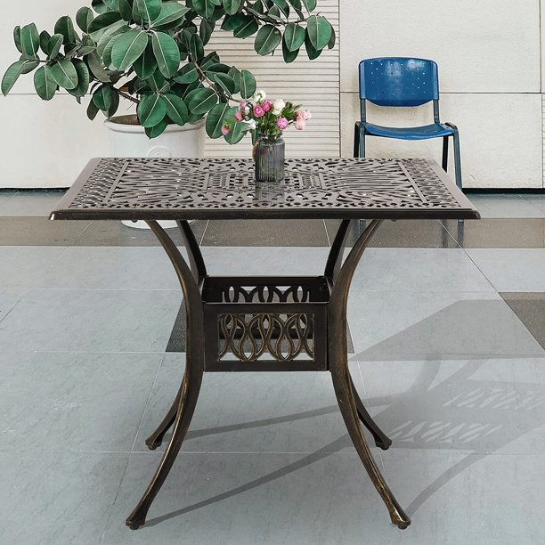 SOCIALCOMFY 35.4 Inch Outdoor Dining Table Square Patio Table Bronze ...