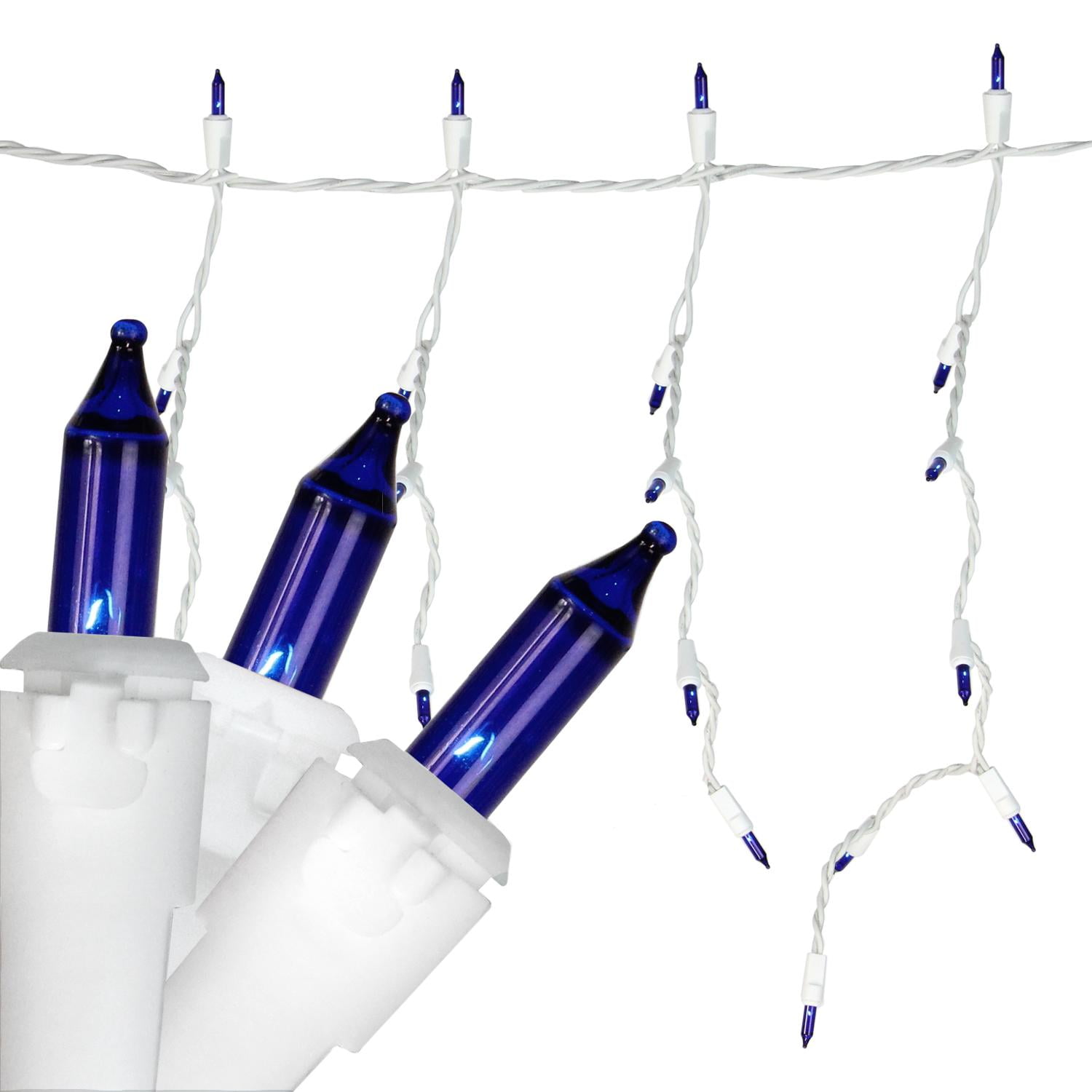 Set of 100 Blue Mini Icicle Christmas Lights 3" Spacing - White Wire ...