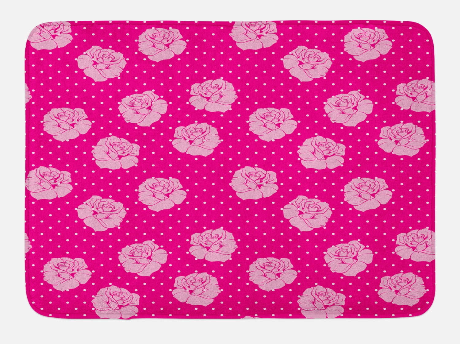 Hot Pink Bath Mat, Vintage Pale Pink Roses on White Dotted Hot Pink ...