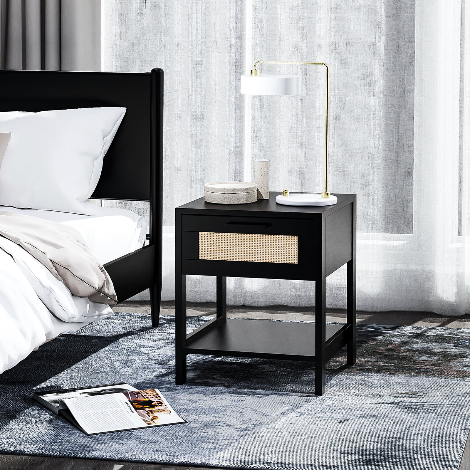 CREATIVELAND Nightstand with 1 Rattan Drawer Boho End Table Bedside ...