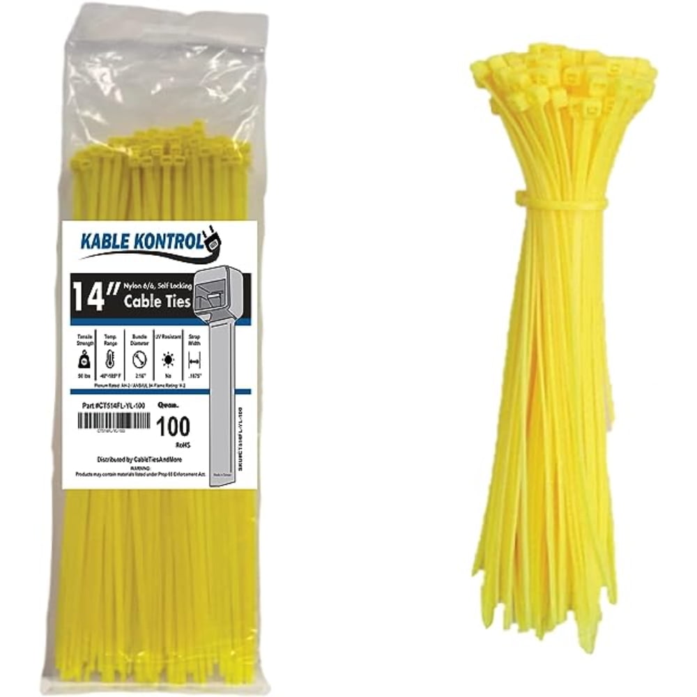 Kable Kontrol Zip Ties - 14" Long - 100 Pc Pk - Fluorescent Yellow color - Nylon - 50 Lbs ...