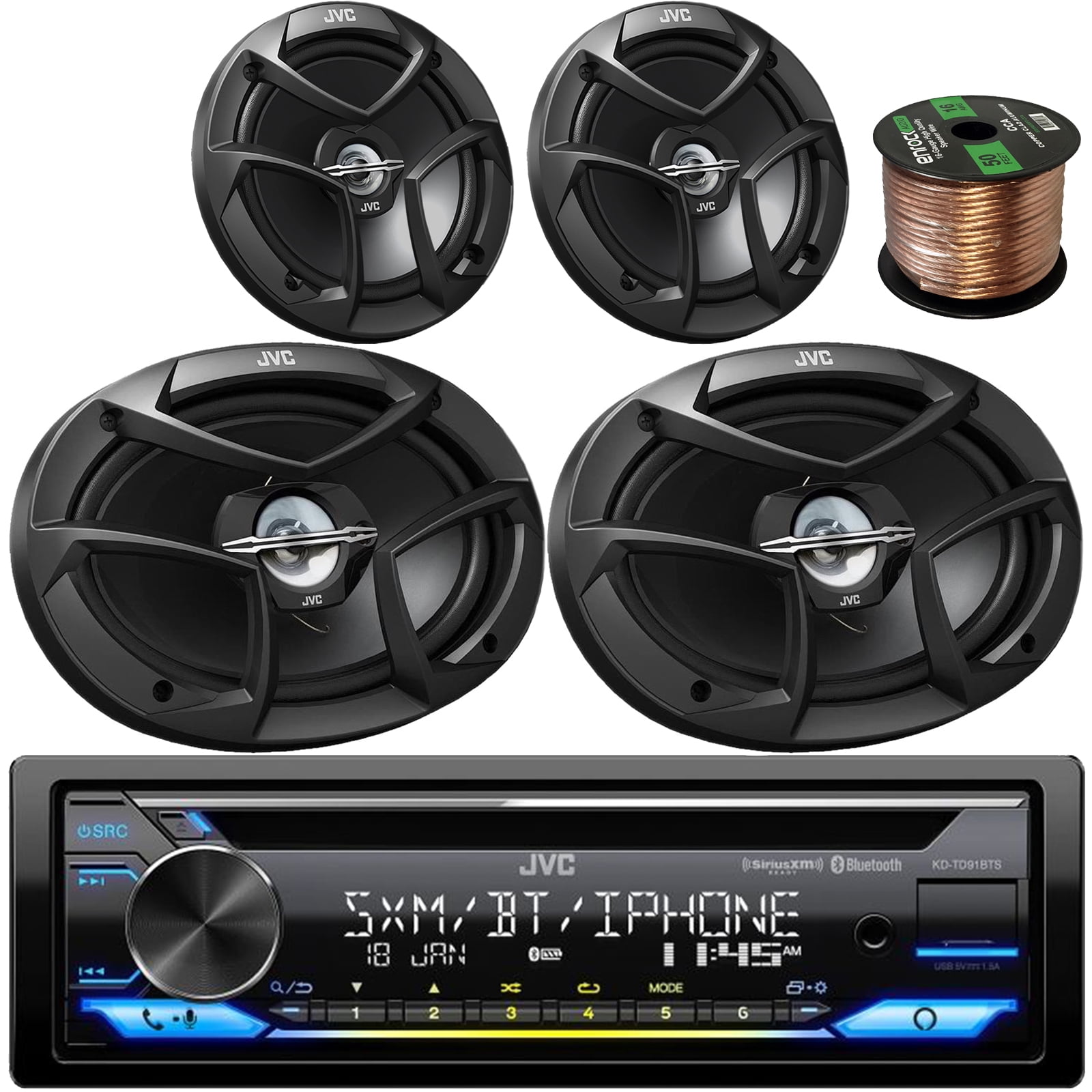 JVC Head Unit Combo: Single DIN CD Bluetooth Stereo, 6.5" & 6x9" Car ...