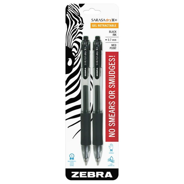 Zebra Pen Sarasa X20 Retractable Gel Ink Pens, Medium Point 0.7mm, Black Rapid Dry Ink, 2 Pack ...