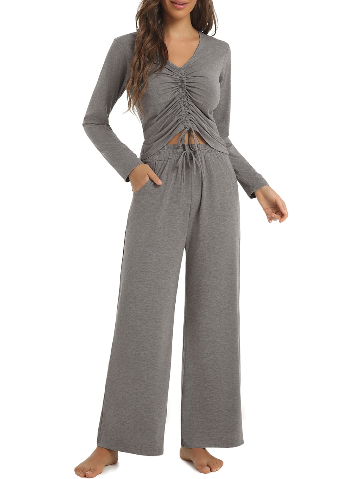 Jusfitsu Long Sleeve Pajama Sets for Women Soft Two Piece Sleepwear ...