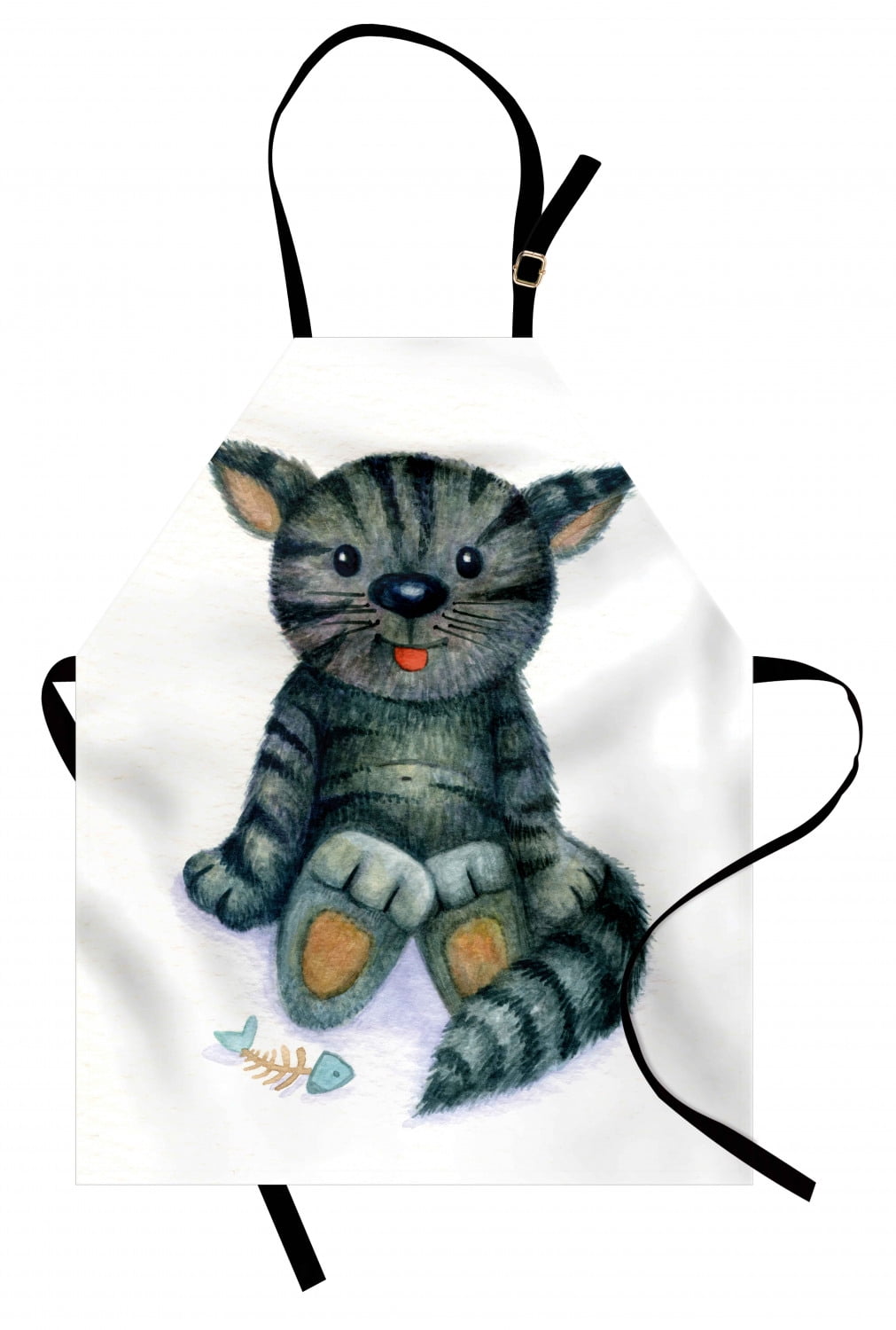 Cat Apron Happy Teddy Cat Illustration with a Dead Fish Skeleton Sweet ...