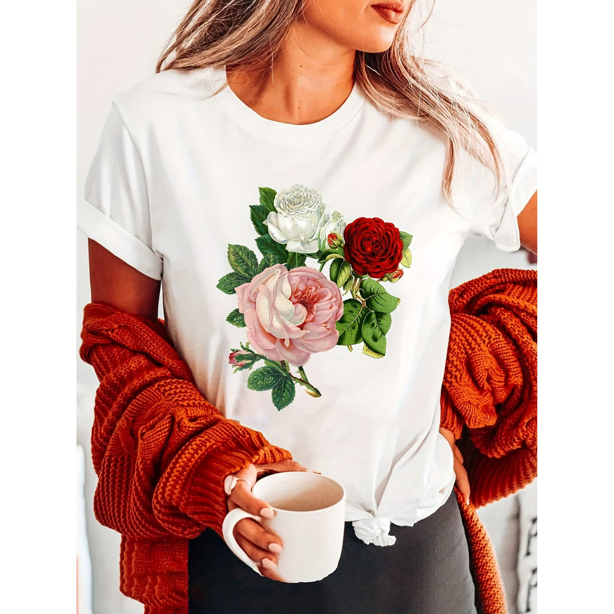Click here for Generic Womens White Roses Floral Print T-Shirt -... prices