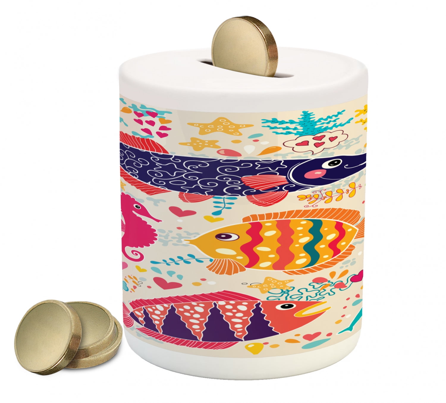 Sea Animals Piggy Bank, Art Fish Seahorse Starfish Dolphin Coral ...