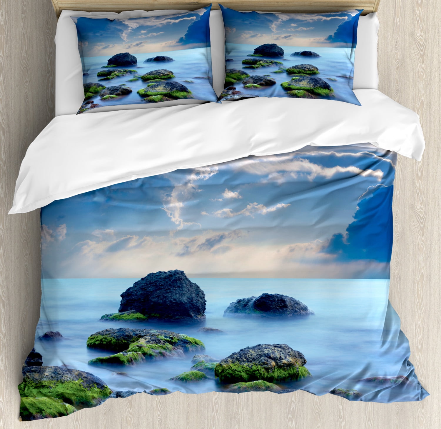 Beach Duvet Cover Set Queen Size, Sea Stones on Mystic Seaside ...