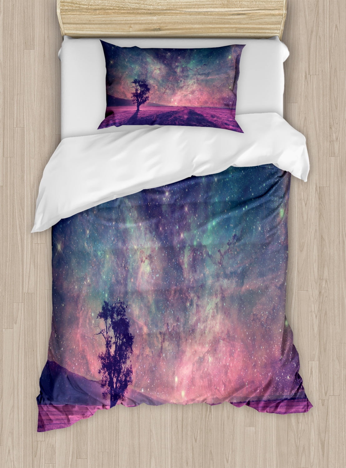 Galaxy Twin Size Duvet Cover Set, Lonely Tree Silhouette Magical ...