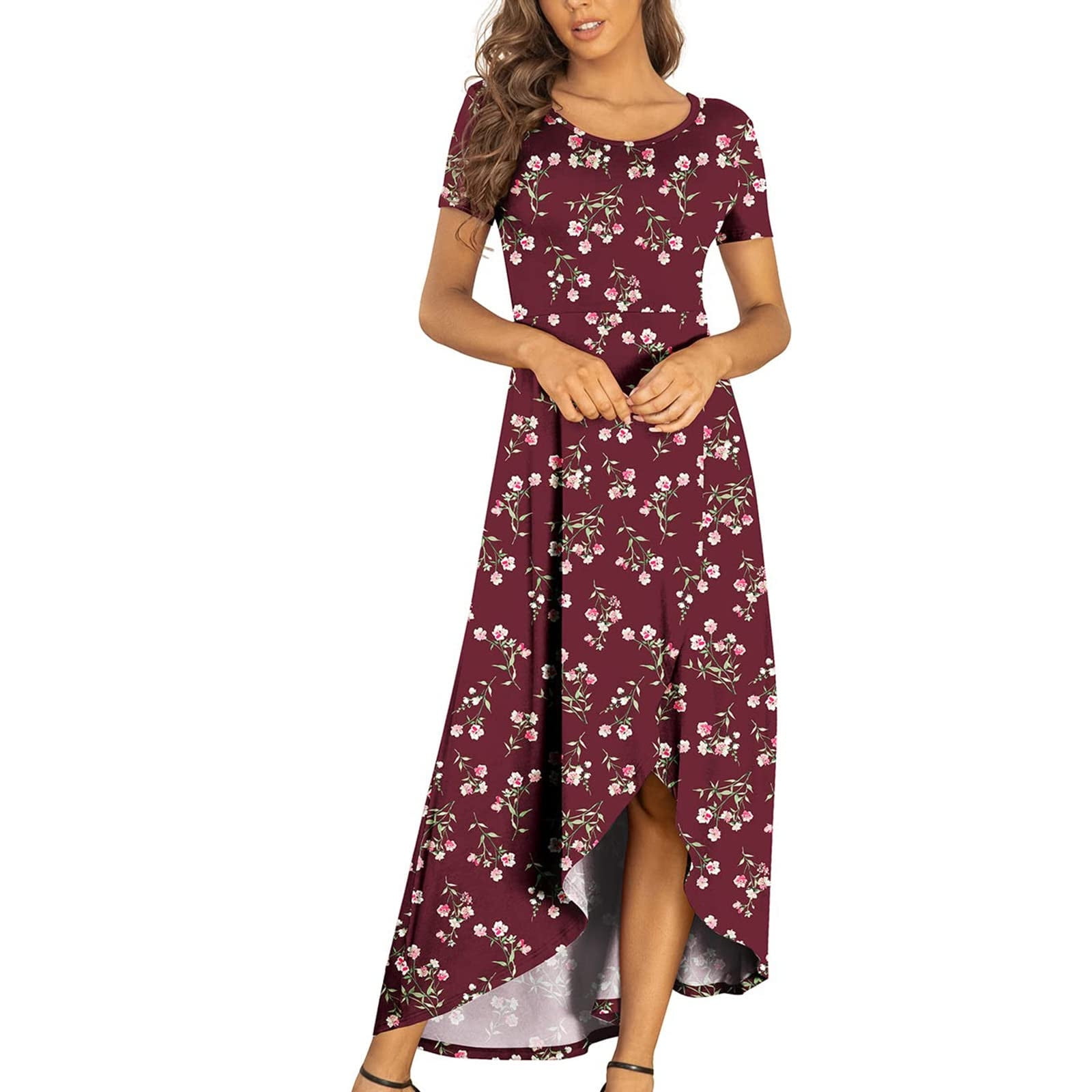 Htnbo Long Summer Maxi Dresses For Women 2022 Casual Short Sleeve Crew Neck Flowy High Low A
