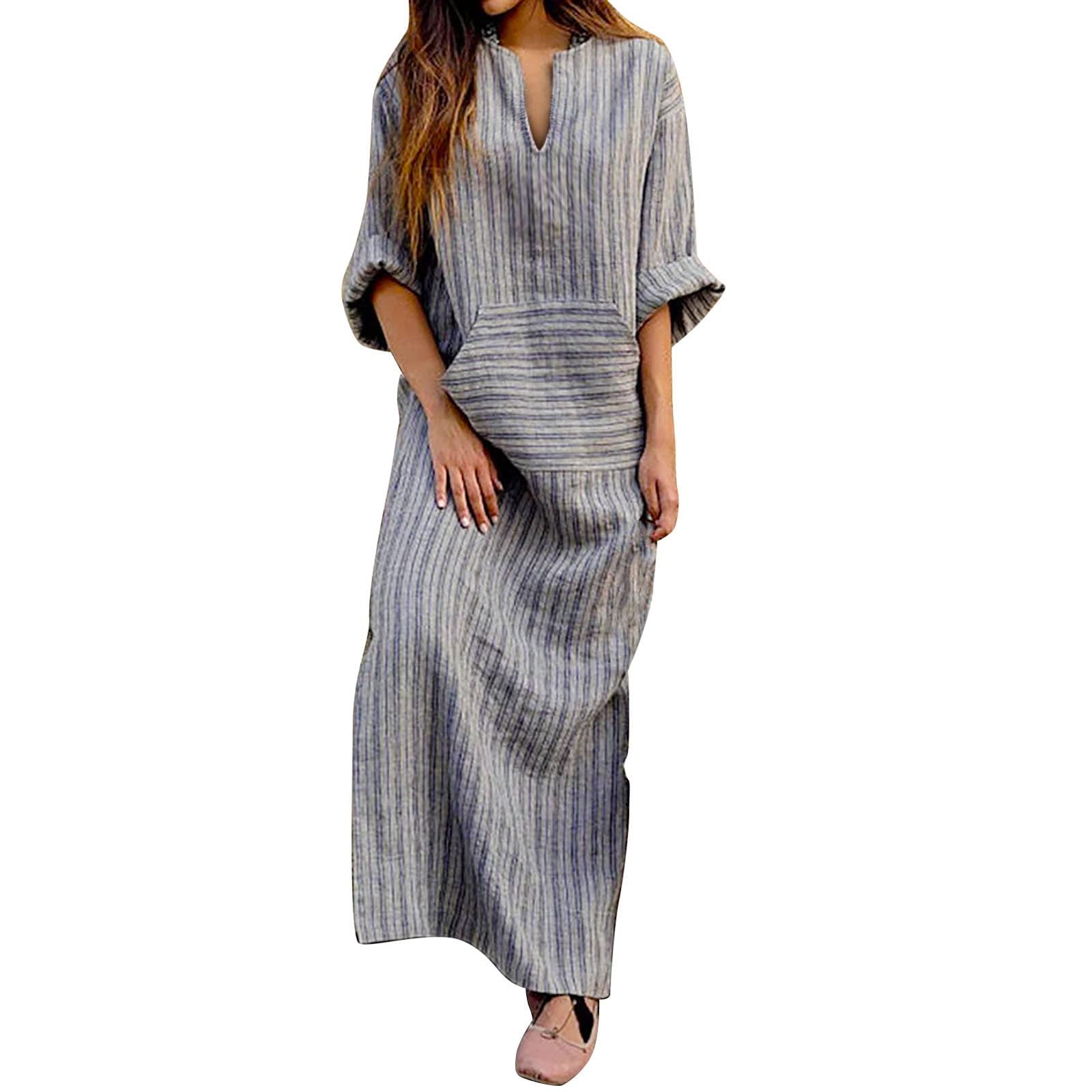 Apexfwdt Womens Plus Size V Neck Maxi Dress Cotton Linen Long Sleeve