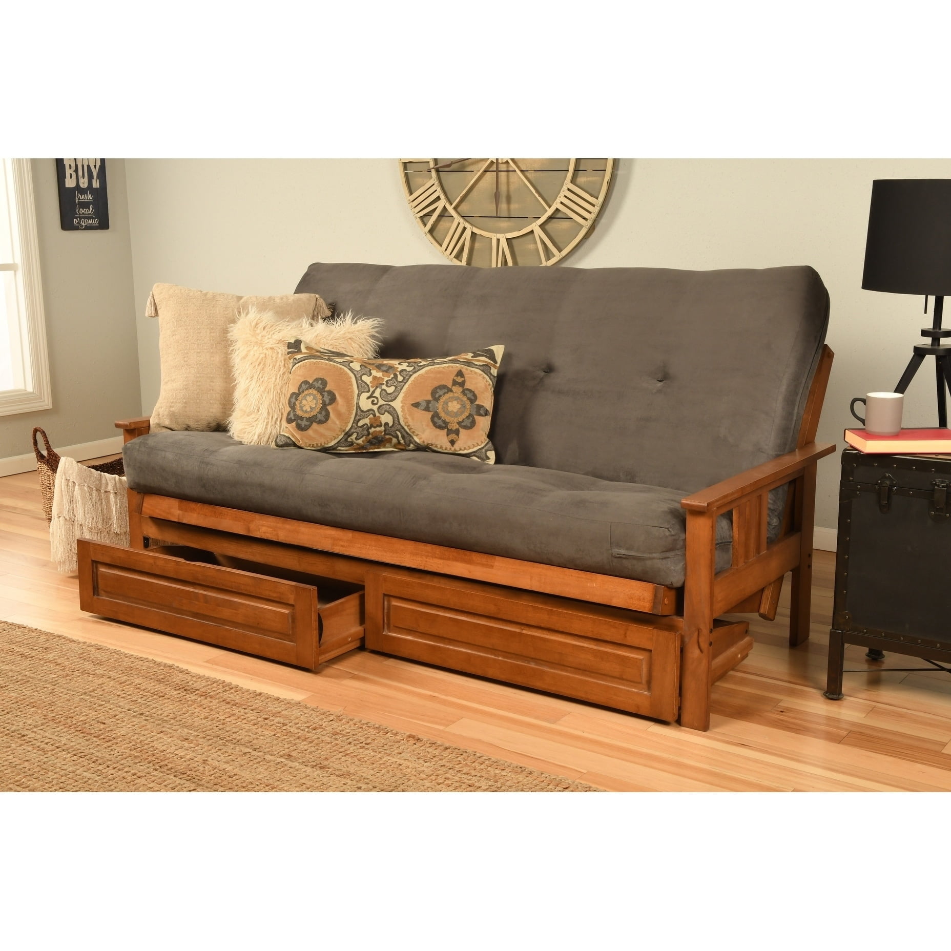 Somette Beli Mont Futon Set with Barbados Frame, Suede Grey Mattress ...