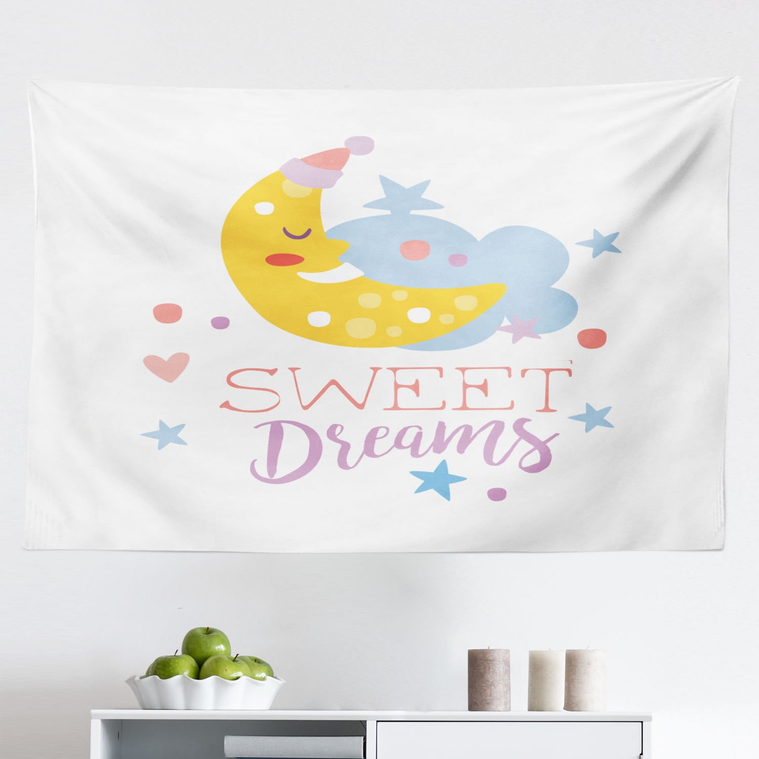 Saying Tapestry, Cheerful Calligraphy Moon Stars and Dots Monochrome ...