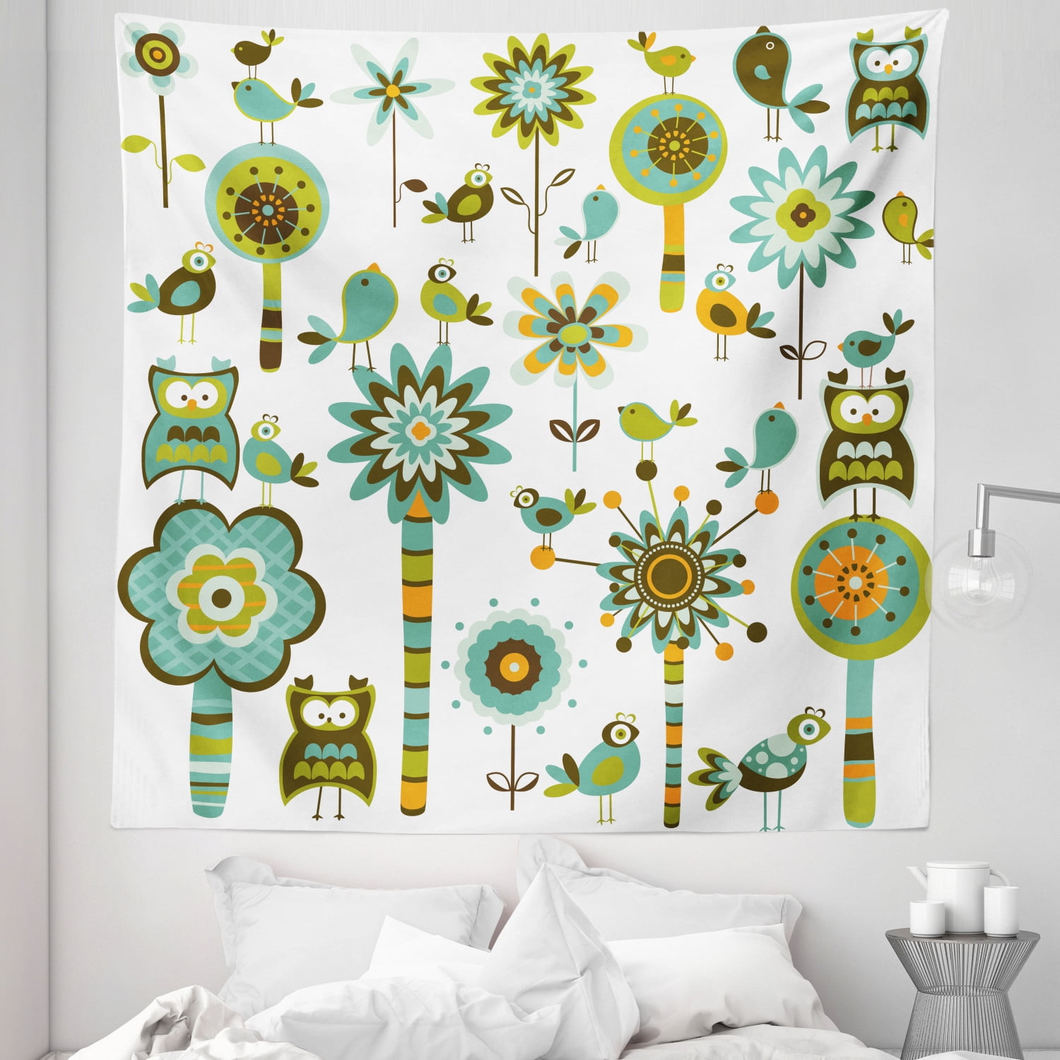 Cartoon Tapestry, Graphic Cartoon Style Shaped Image Birds Florals ...