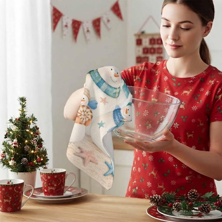 3 Pack Christmas Kitchen Towels Coastal Blue Snowman Family Seashell ...