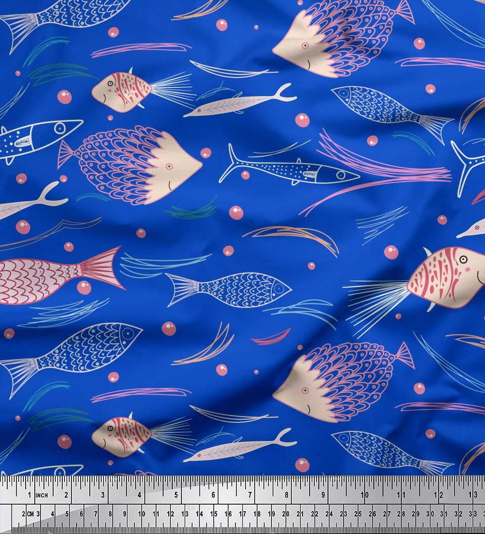 Soimoi Blue Velvet Fabric Bubbles & Fish Ocean Print Fabric by the Yard ...