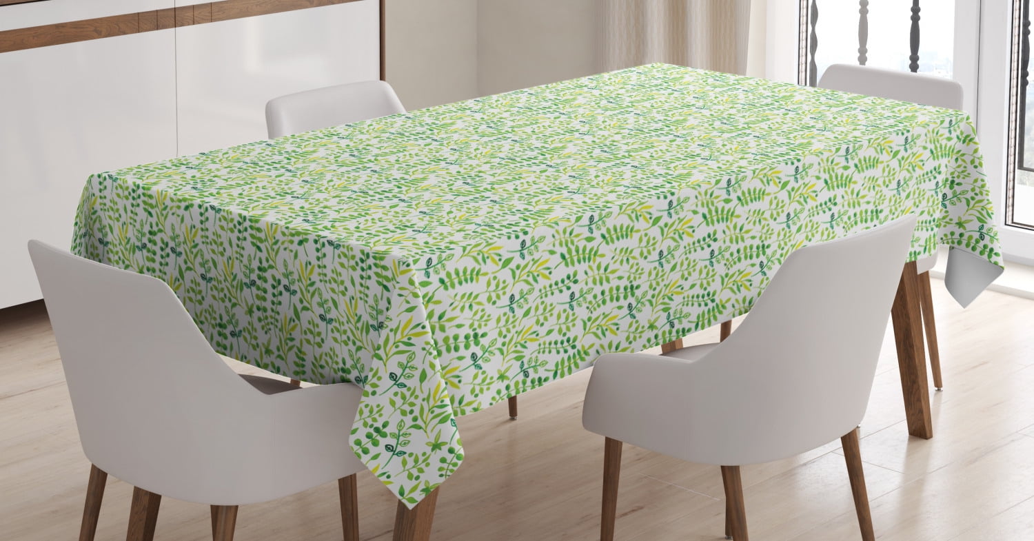 Green and White Tablecloth, Watercolor Style Leaves Plants Ecology ...
