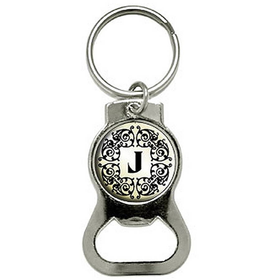 Letter J Initial Black White Tan Bottle Cap Opener Keychain Key Ring ...