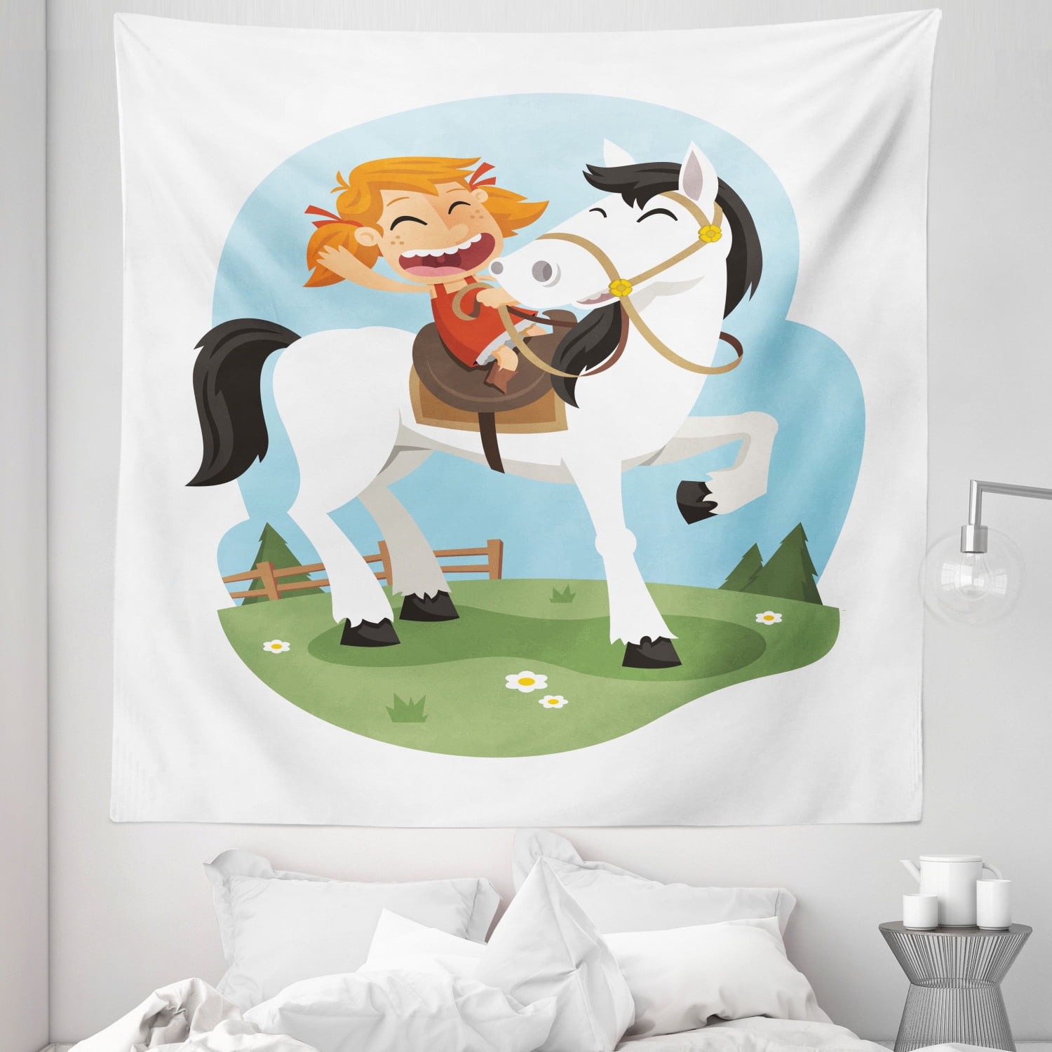 Pony Tapestry, Farm Animals Cartoon Cheerful Girl on a Happy Horse ...