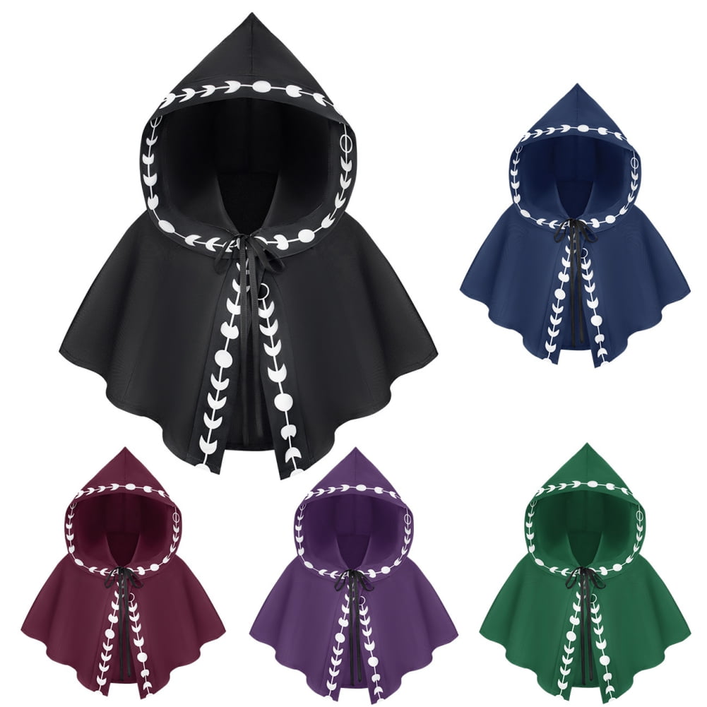Urmagic Unisex Moon Phases Print Hooded Cloak Medieval Renaissance