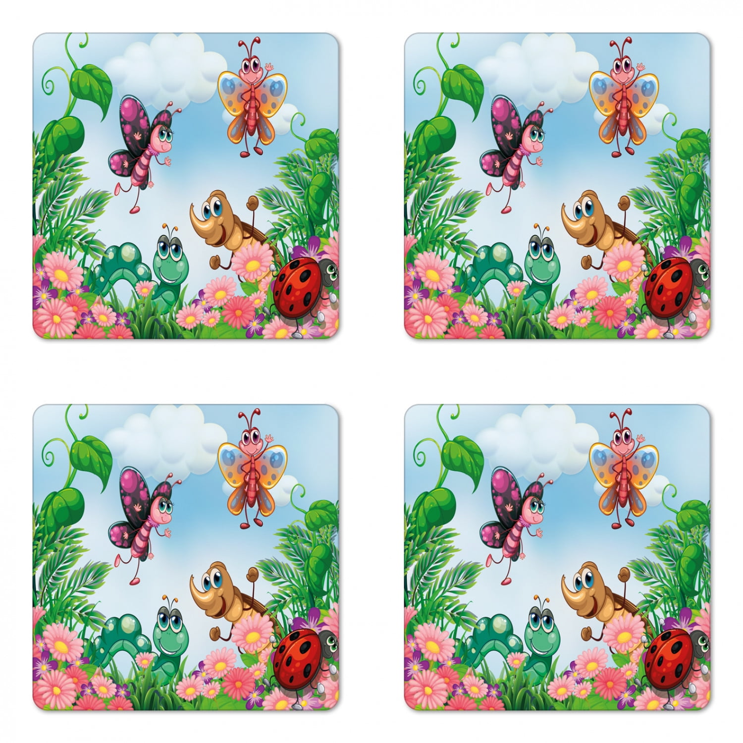 Garden Coaster Set of 4, Gardening Theme Illustration of Butterfly ...