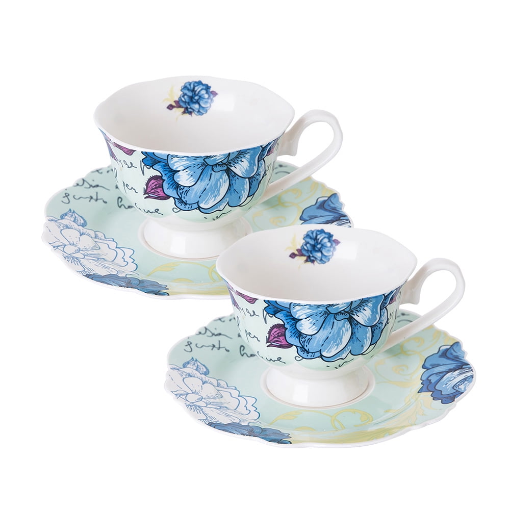Eileen's Reserve Bone China 4-Piece Tea Cup and Saucer Set, Blue Peony ...