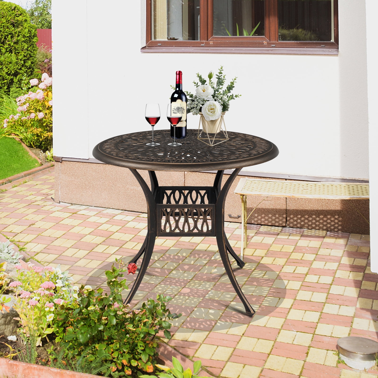 Zimtown 35.4 in Round Top Courtyard Cast Patio Aluminum Bistro Table ...
