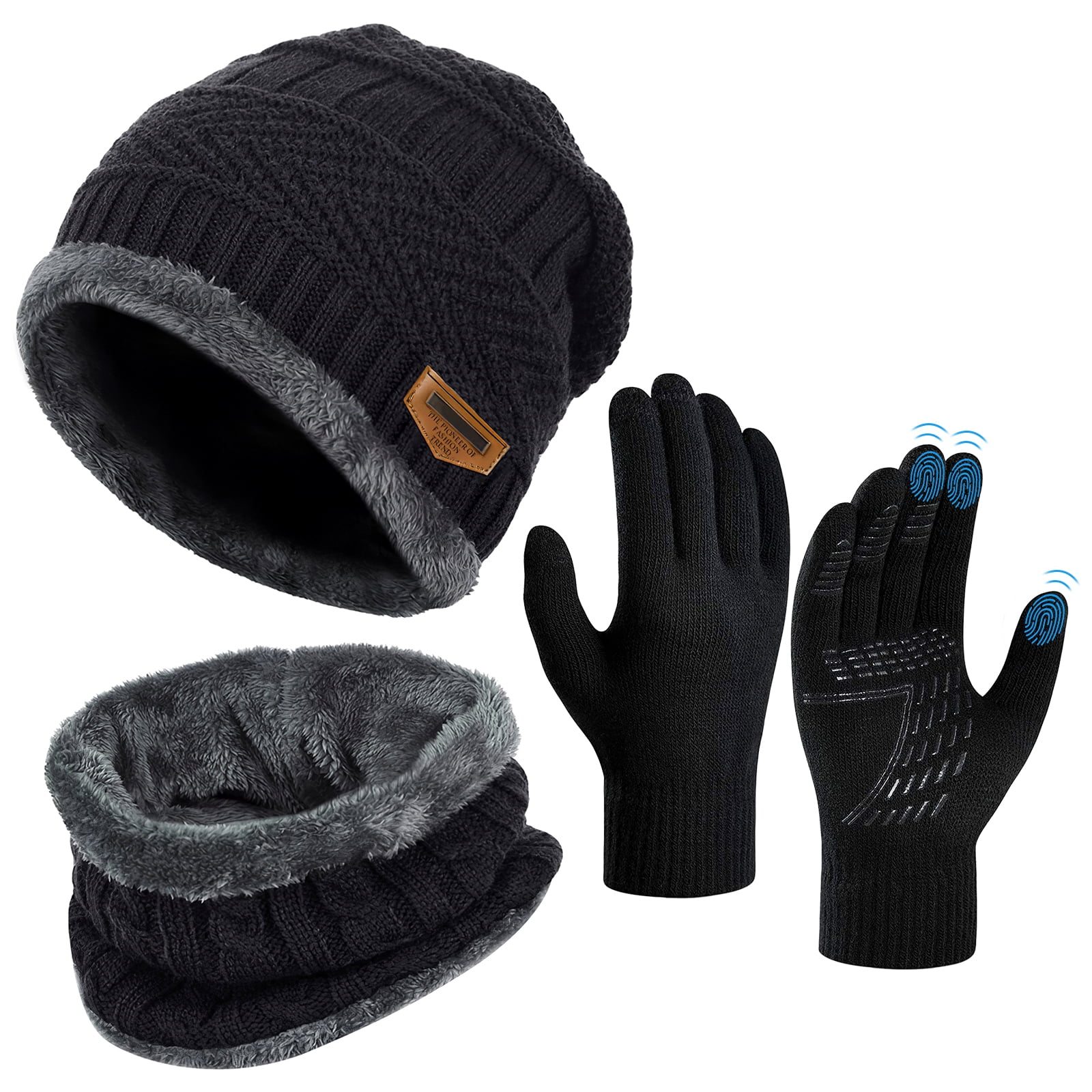 3 PCS Winter Beanie Hat Scarf Set with Gloves Touch Screen Cold Weather ...