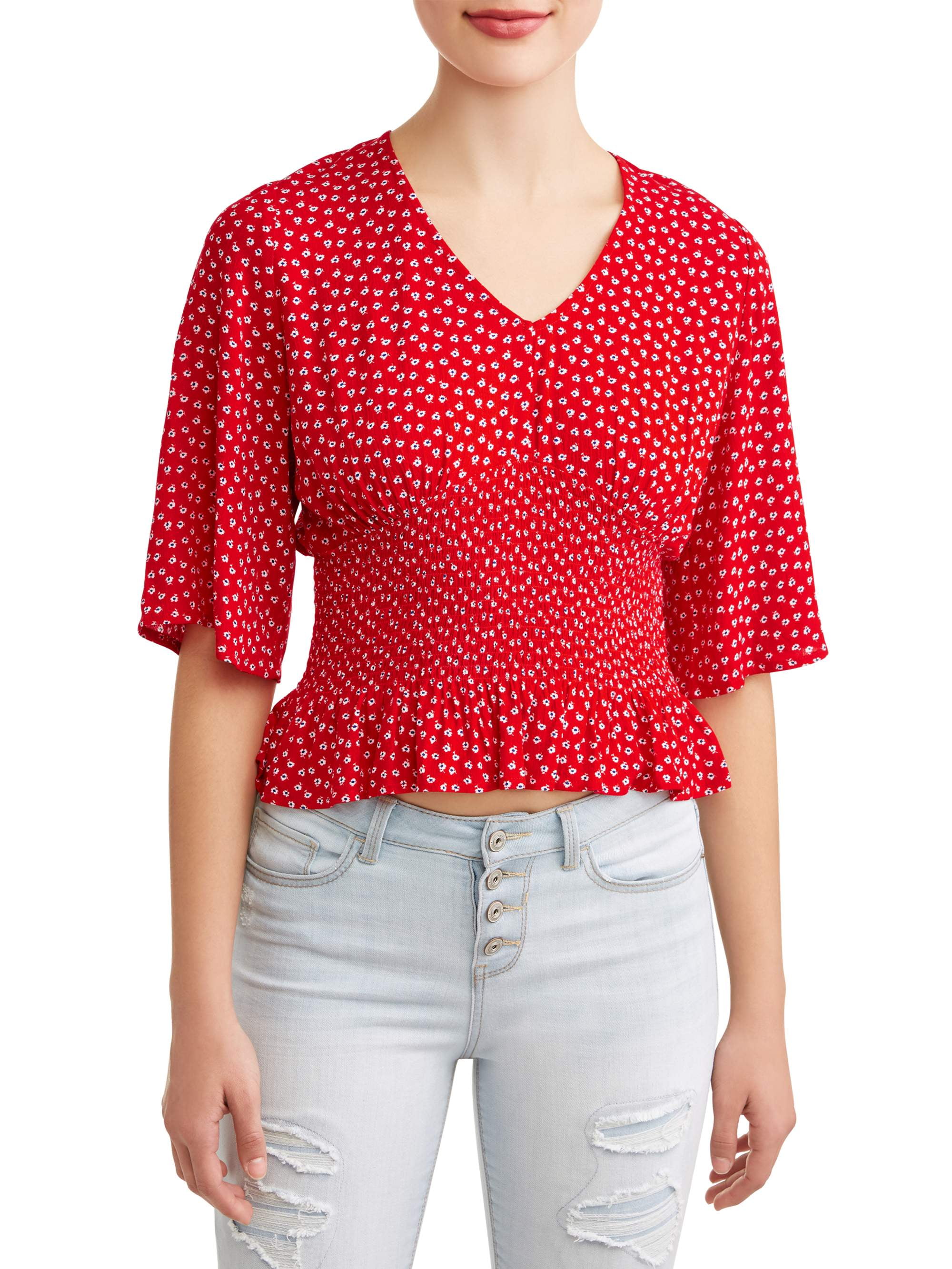 Juniors' Smocked V-Neck Flutter Sleeve Blouse - Walmart.com