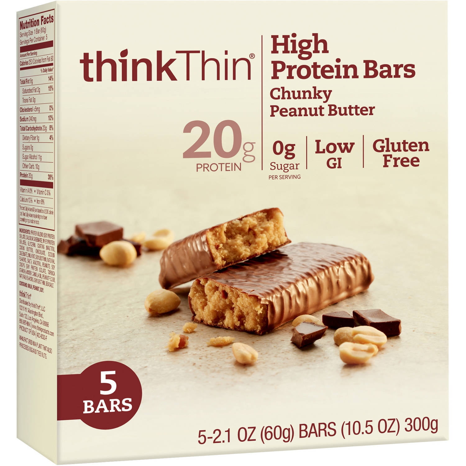 thinkThin High Protein Bar, Chunky Peanut Butter, 20g Protein, 5 Ct ...